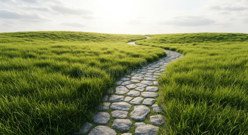 Stone Path Winding through a Sunlit Green Field Stock Illustration ...