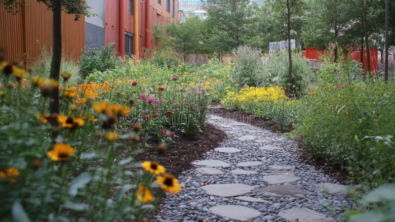 Stone Path Winding through a Vibrant Urban Garden Stock Illustration ...