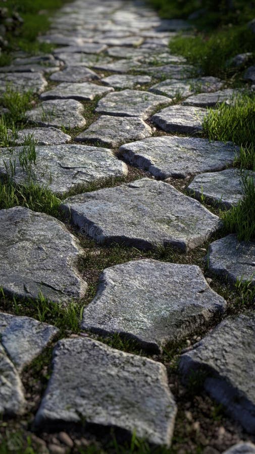 Stone Path Winds through Grassy Landscape, Serene Garden Walkway Stock ...