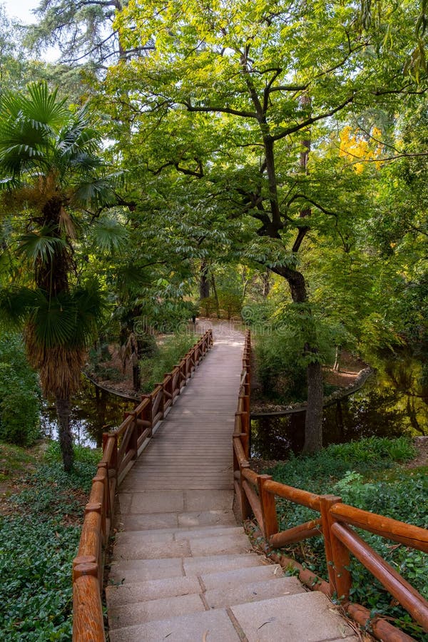 Stone Path with Wooden Handrails in a Park in Autumn Stock Image ...