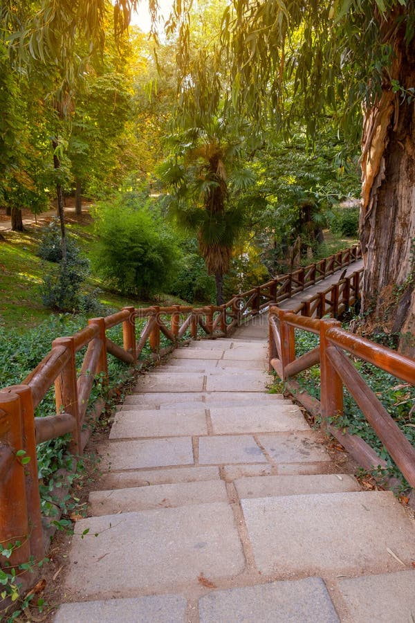 Stone Path with Wooden Handrails in a Park in Autumn Stock Photo ...
