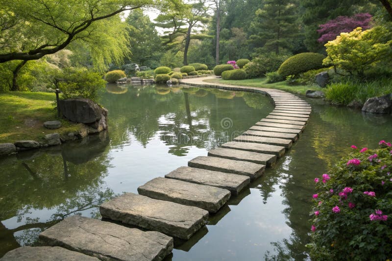 Stone Pathway Across Still Water in a Serene Garden - Generated by Ai ...