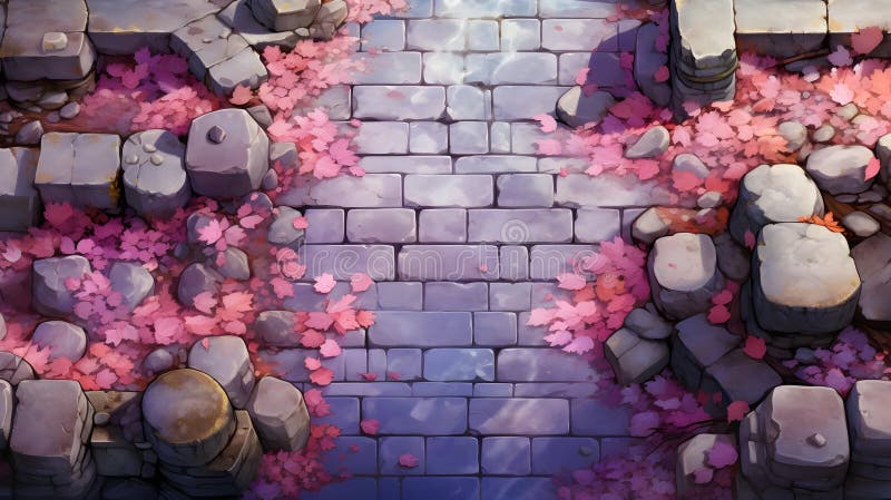 Stone Pathway Adorned with Pink Blossoms Top Down View with Intricate ...
