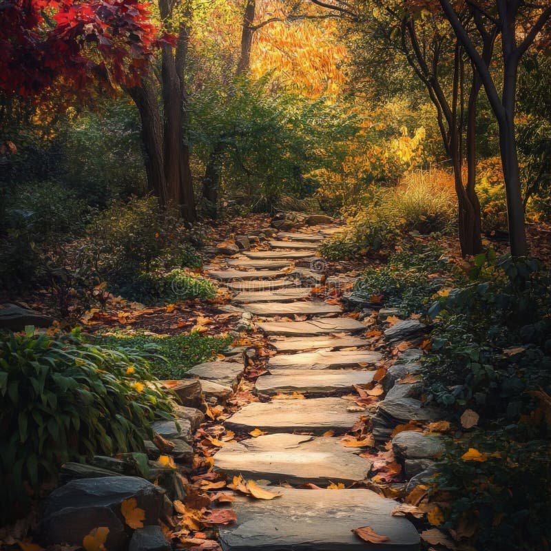 Stone Pathway through Autumnal Forest Stock Illustration - Illustration ...