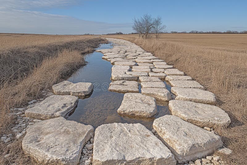 Stone Path Across a Winter Meadow, Water between Stepping Stones Stock ...
