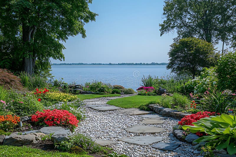 Stone Pathway Garden Leading To Lake View Stock Illustration ...