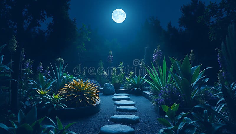 Stone Pathway in Garden at Night with Moonlight and Greenery Generative ...