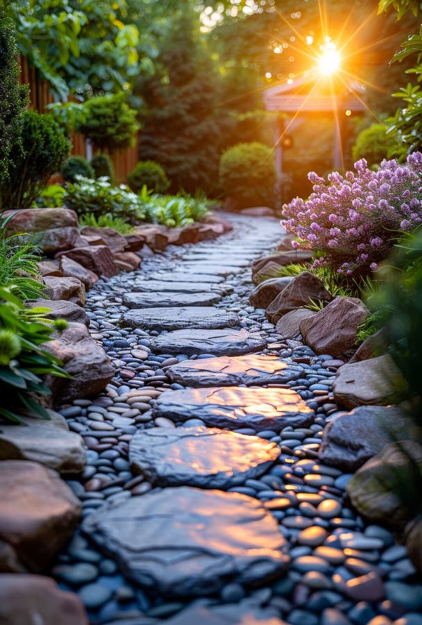 Stone Pathway in a Garden at Sunset. Stock Image - Image of path ...
