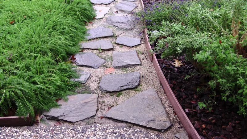 Stone Pathway through Garden Wet with Rain Stock Footage - Video of ...
