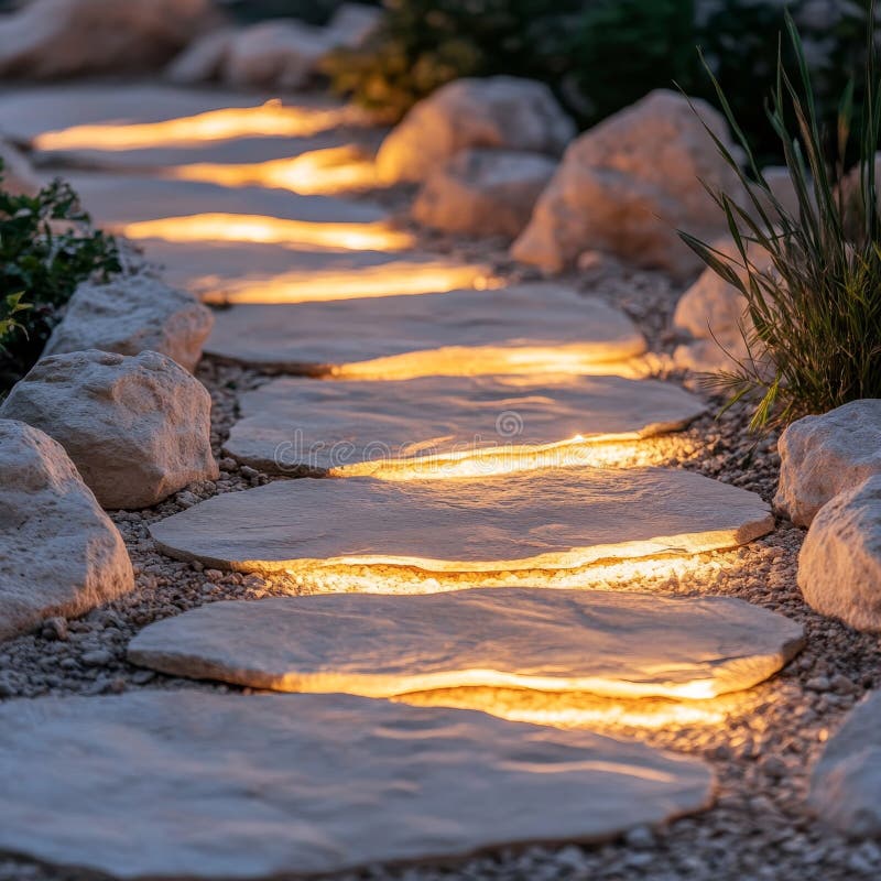 Stone Pathway with Glowing Lights in Garden at Night. Landscape Design ...