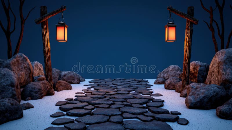 Stone Pathway with Lanterns Surrounded by Rocks and Dark Trees Night ...