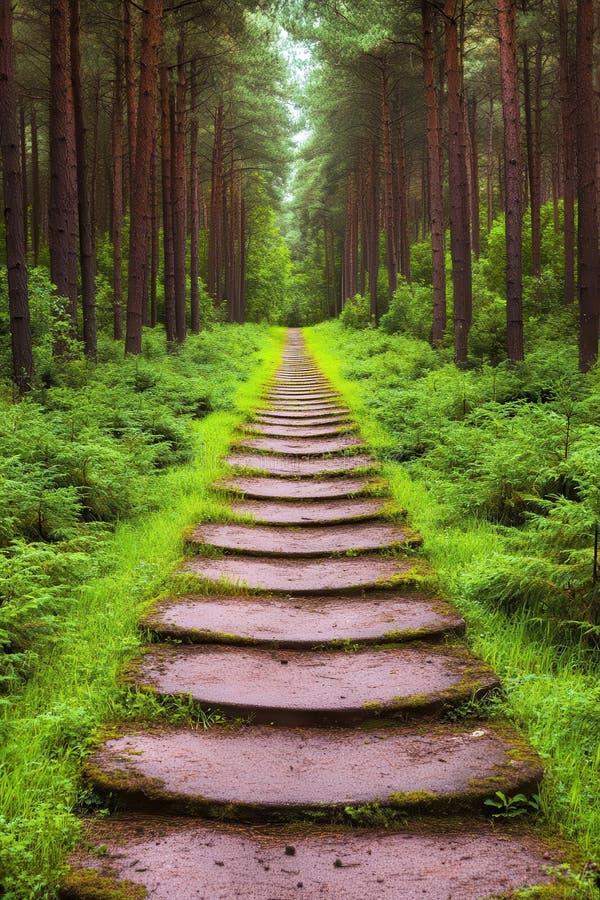 A Stone Pathway Leading through a Lush Green Forest with Tall Trees ...