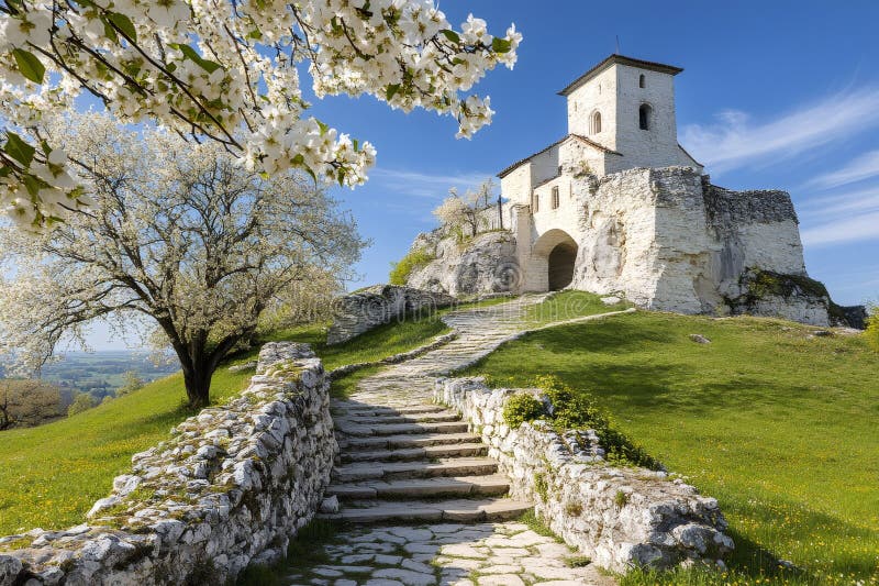Stone Pathway Leading To the Gate of the Medieval Castle during Spring ...