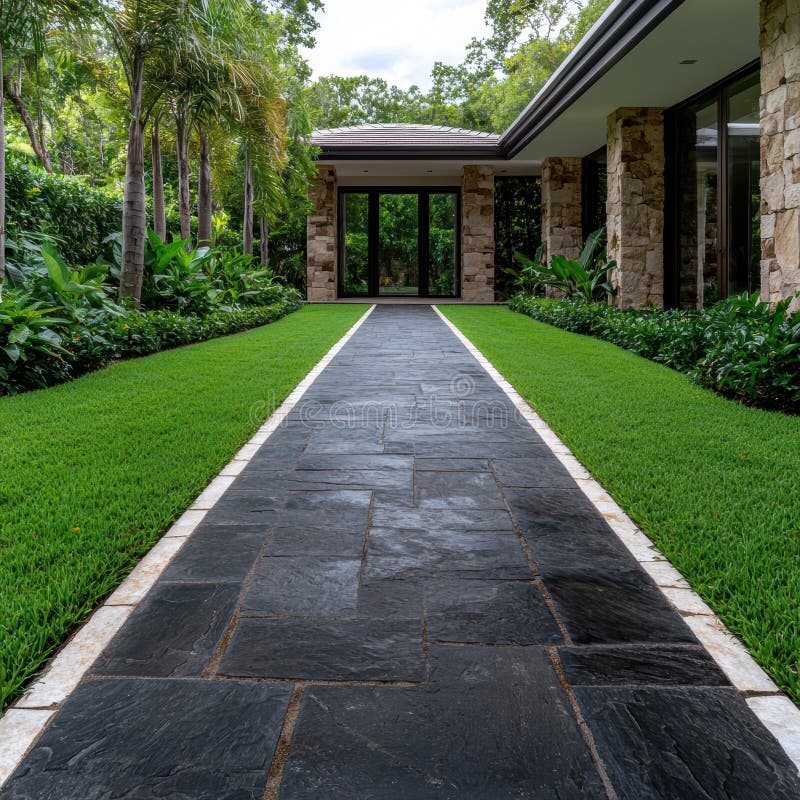 Stone Pathway Leading To a Modern House Entrance Stock Illustration ...
