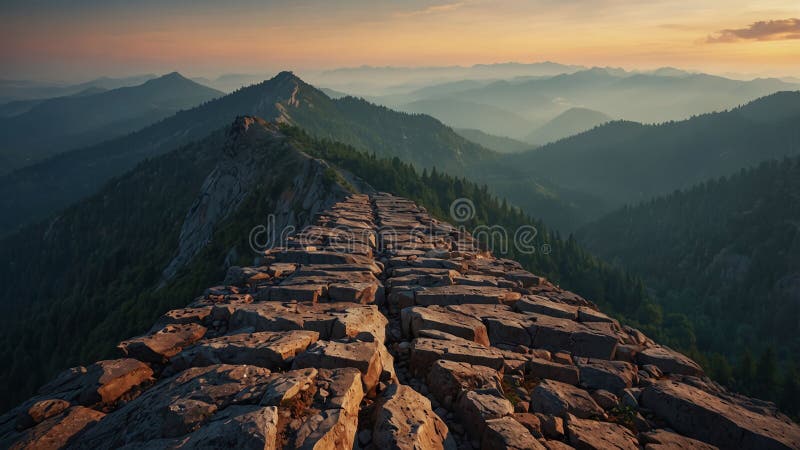Stone Pathway Leading To Mountain Summit with Scenic Sunset Over ...