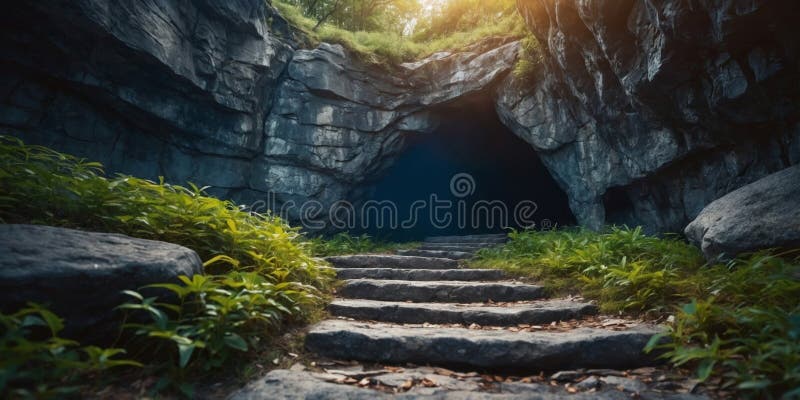 Stone Pathway Leading To a Mysterious Cave Entrance. Stock Illustration ...