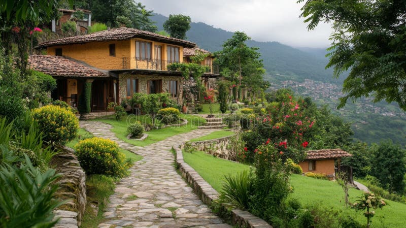Stone Pathway Leading To Rustic House in Hillside Garden Stock ...