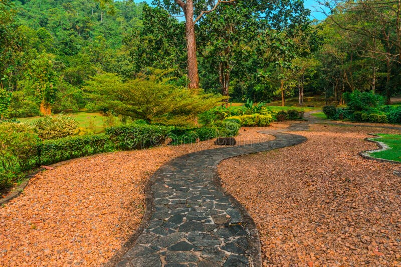 Scenic Garden Pathway with Stone Paving Surrounded by Lush Greenery and ...