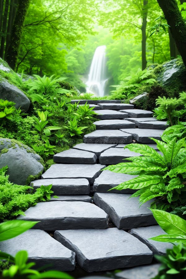 A Stone Path in the Middle of a Lush Green Forest with a Waterfall ...