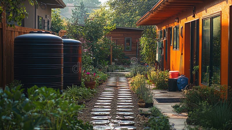 A Stone Pathway Leads through a Lush Green Garden between Two Houses ...