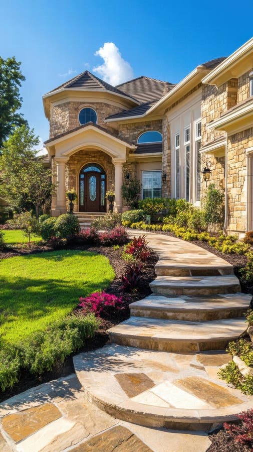 Stone Pathway Leads To Luxury Home with Lush Landscaping and ...