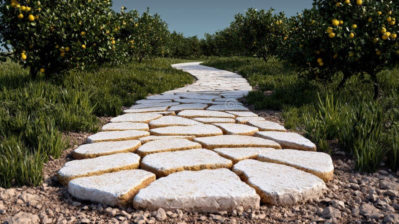 Stone Pathway through a Lemon Orchard Under Clear Blue Sky Stock ...