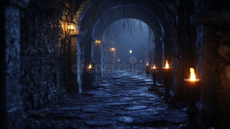 Stone Pathway Lit by Candlelight through a Dark, Mossy Tunnel Stock ...