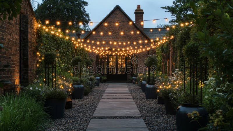 Stone Pathway Lit by String Lights Leading To a Brick Building Stock ...