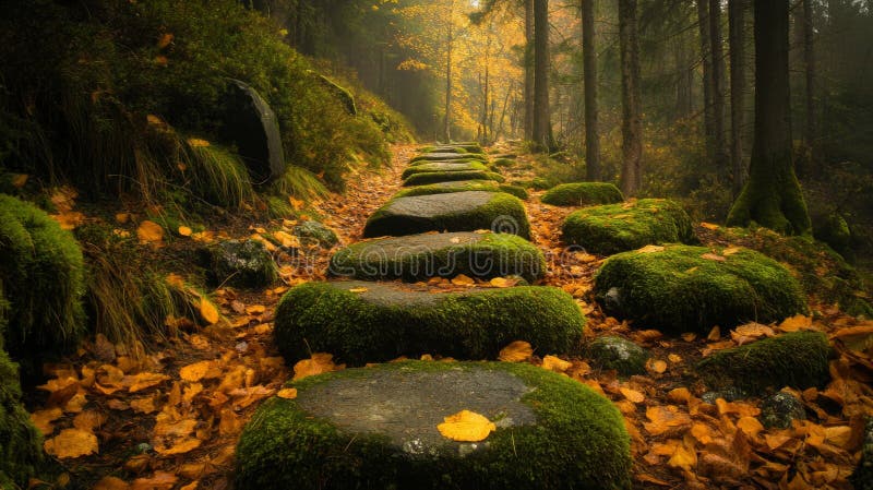 Stone Pathway through a Misty Autumn Forest Stock Illustration ...