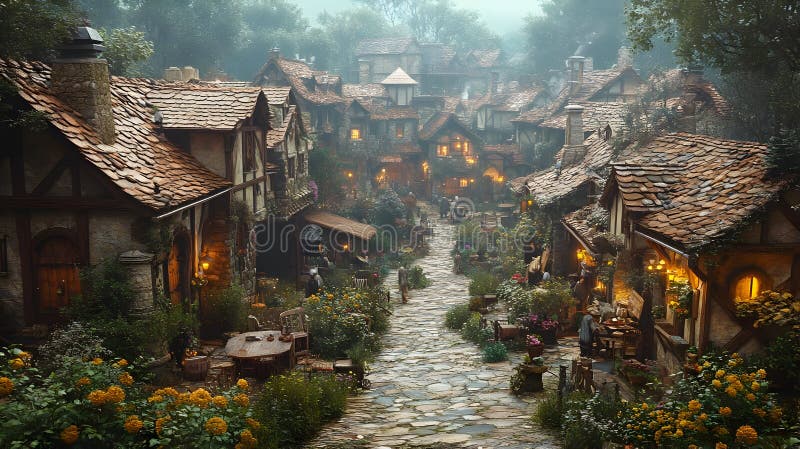 Stone Pathway through a Quaint Fantasy Village Stock Illustration ...