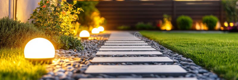 Stone Pathway with Solar Powered Garden Lights at Sunset, Back Yard ...