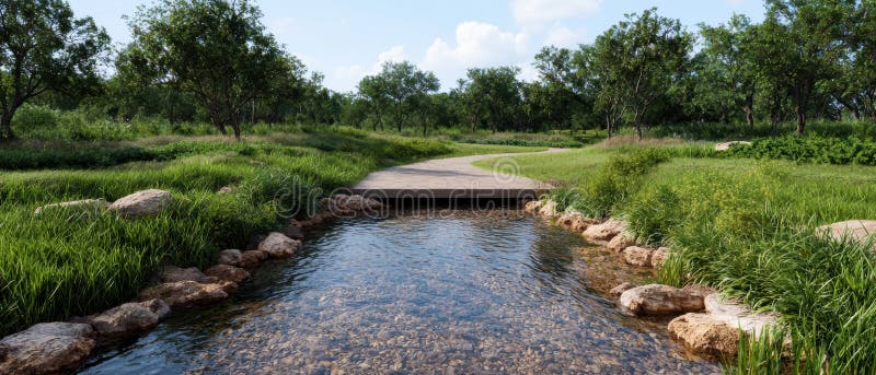 Stone Pathway through a Tranquil Stream in a Lush Green Park Stock ...
