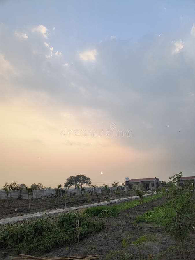 Stone Pathway and Two House in the Farm and Sunset Stock Image - Image ...