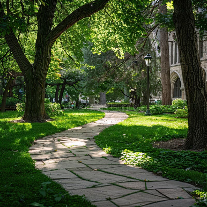 Stone Pathway Winding through a Lush Green Quad at a Prestigious ...