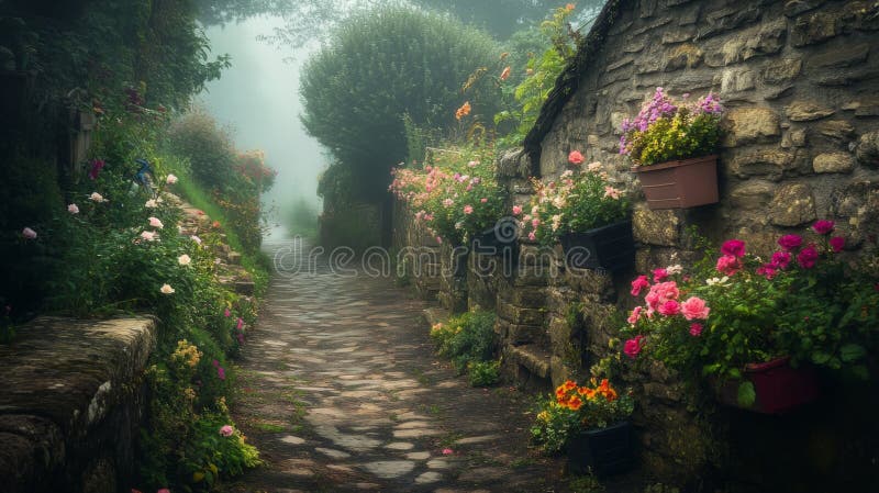 Stone Pathway Winding through a Misty Village Garden Stock Image ...