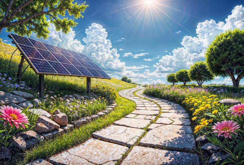 A Meandering Stone Pathway through a Blooming Field, with a Solar Panel ...