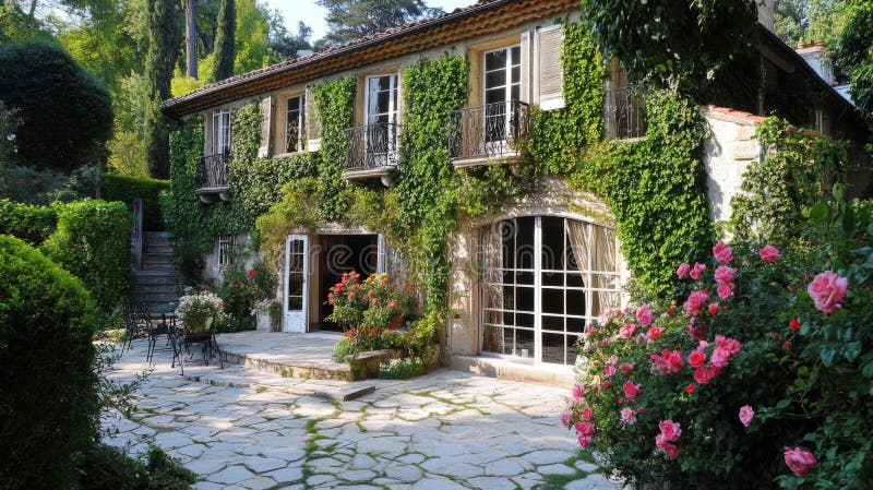 Stone Patio and Ivy-Covered House with Pink Roses Stock Illustration ...