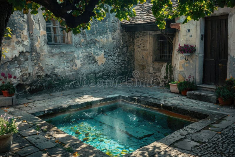 Stone Patio with a Small Pool, Perfect for Outdoor Relaxation Stock ...