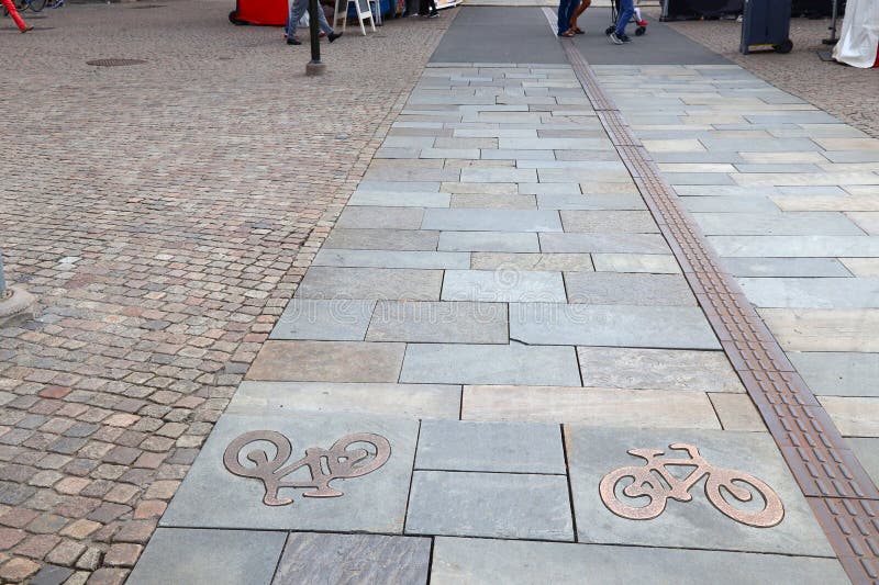Stone Paved Bicycle Path in Sweden Stock Image - Image of route, sign ...