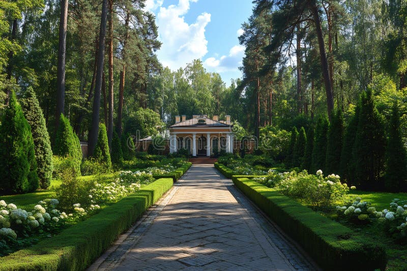 Stone Paved Pathway Leading To Beautiful House in a Luxurious Garden ...