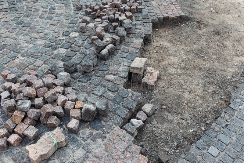 Stone Pavement, Construction Worker Laying Cobblestone Rocks on Sand ...