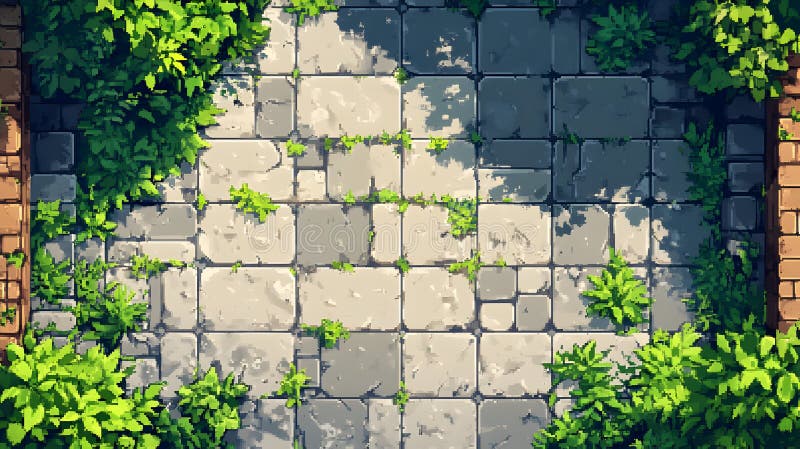 Stone Paving Pattern with Green Foliage and Brick Borders Overhead ...