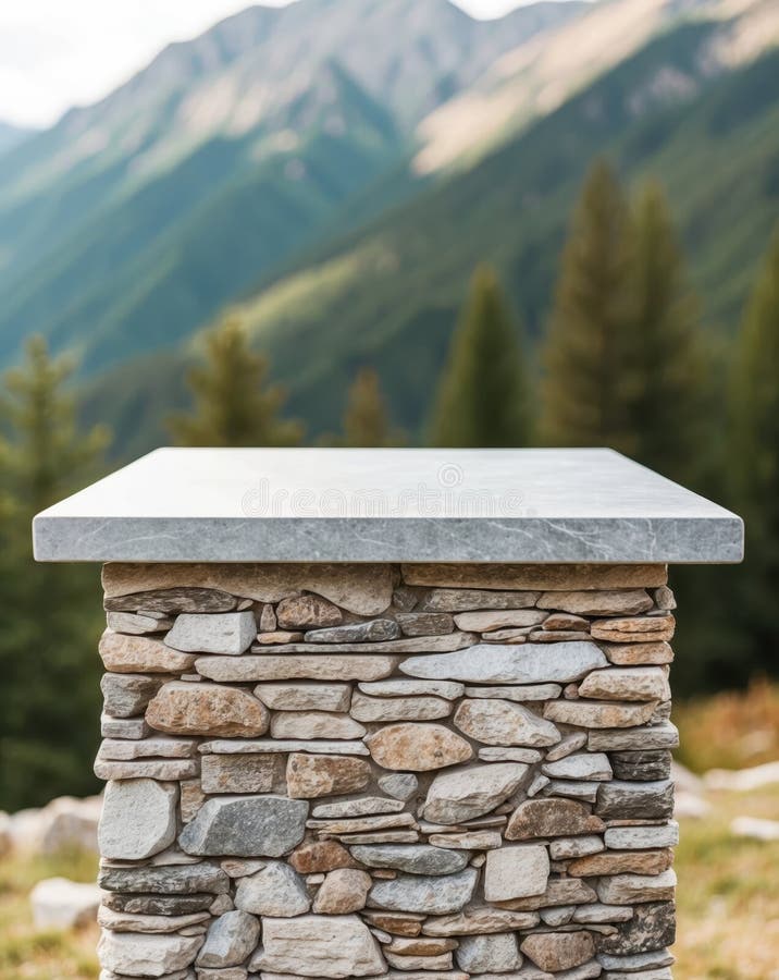Stone Pedestal Against Mountains Backdrop Display Platform Product ...