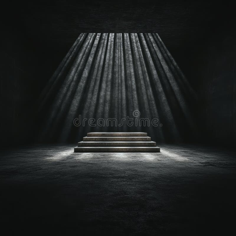 A Stone Pedestal in a Dark, Empty Room, Illuminated by Intense Rays of ...