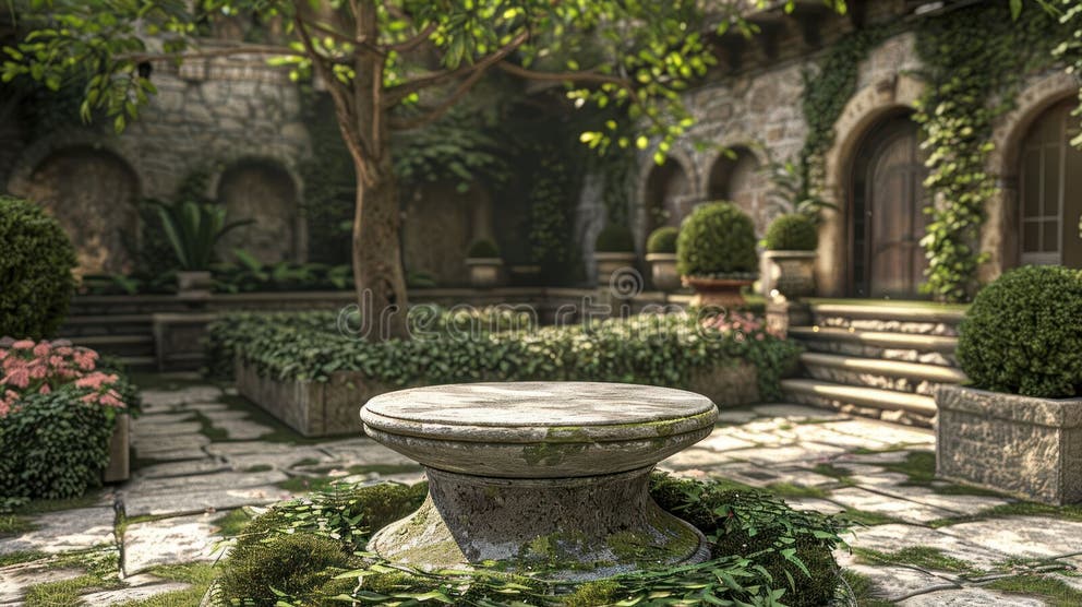 A Stone Pedestal in a Lush, Stone Courtyard Stock Illustration ...