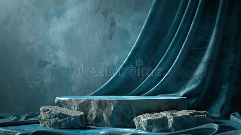 Rustic Stone Pedestal with Teal Fabric Drapes in Minimalist Setting ...