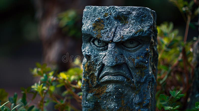 A Stone Pillar with the Face of an Angry Man Carved into it, Set in ...