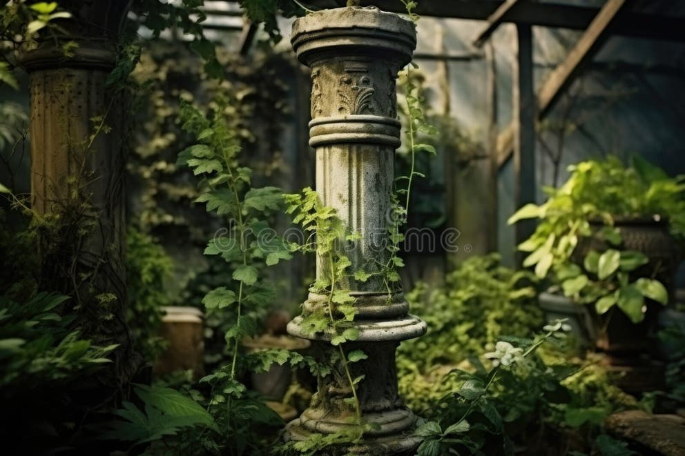 A Stone Pillar in a Garden Setting, Surrounded by Lush Greenery and ...
