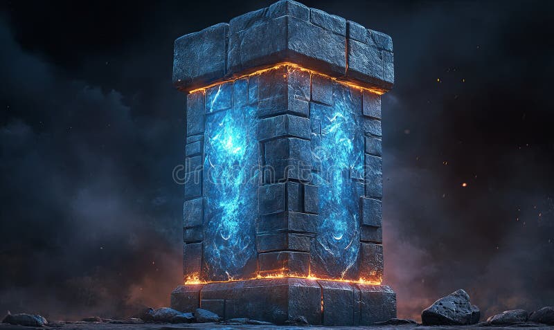 A Stone Pillar with Glowing Blue Energy Inside and Flames at the Base ...