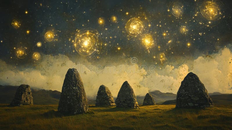 Stone Pillars Against a Night Sky with Bright Stars and Celestial Orbs ...